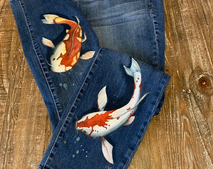 Painted Jeans - Hand Painted Koi Fish on Denim Blue Jeans - Women's ...