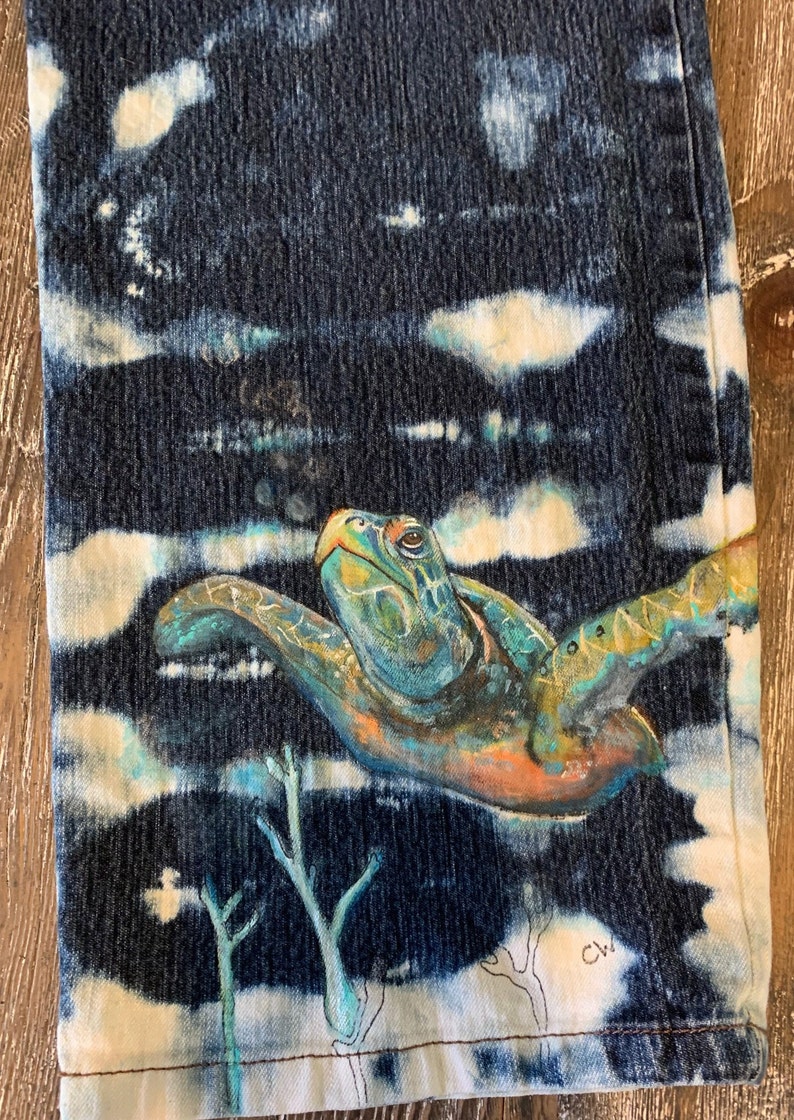 Painted Jeans - Sea Turtle With Coral on Denim Blue Jeans - Women's ...