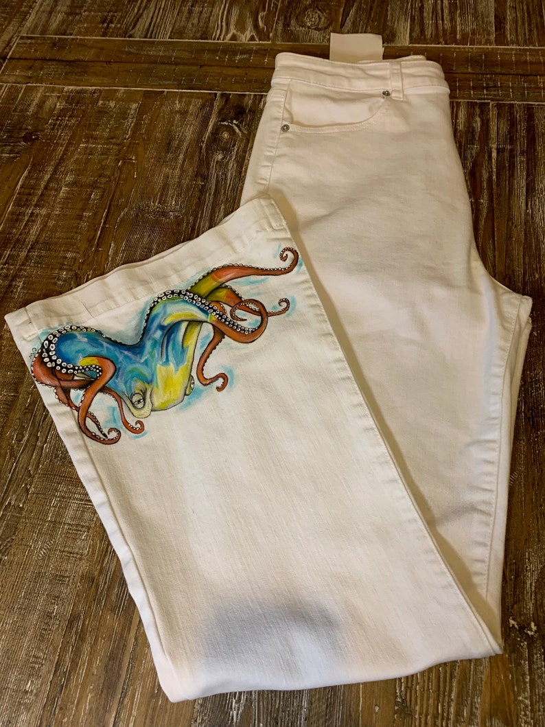 Hand-painted Octopus Jeans: Upcycled Denim, Size 10 - Etsy