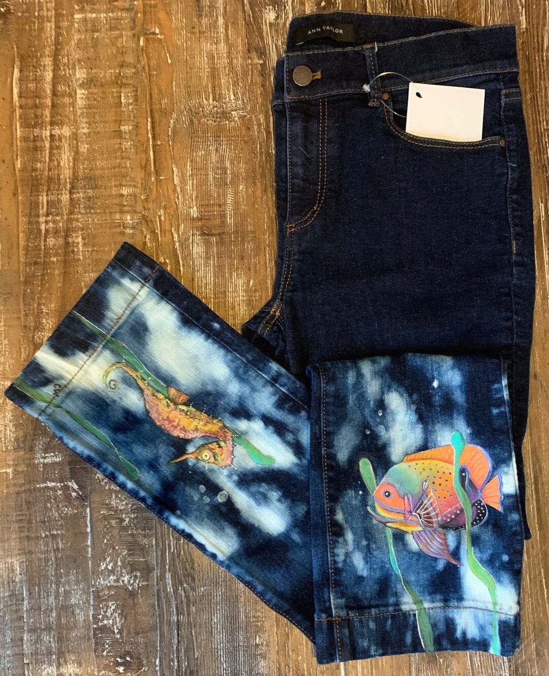 Painted Jeans - Hand Painted Fish and Seahorse on Denim Blue Jeans ...
