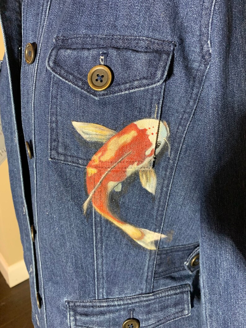 Painted Denim Jacket Hand Painted Koi Fish on Blue Jean Jacket Coat - Etsy