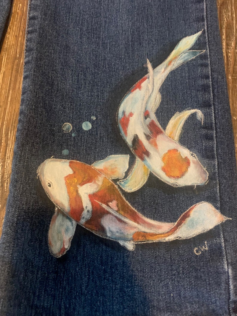 Painted Jeans Hand Painted Koi Fish on Denim Blue Jeans Women's Jeans ...