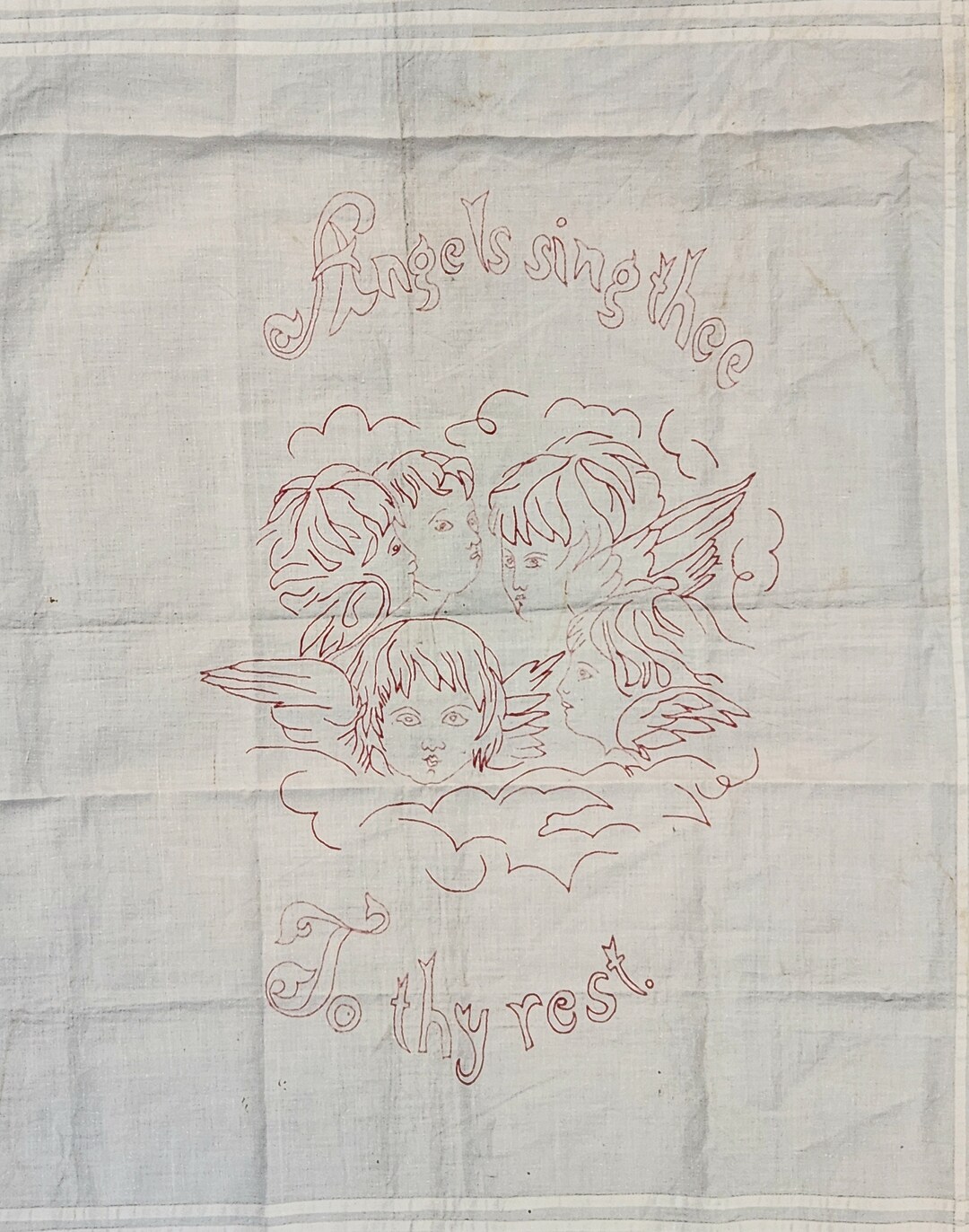 Antique 1900s Red Work Embroidery Angel Cherub Pillow Sham "angels Sing ...