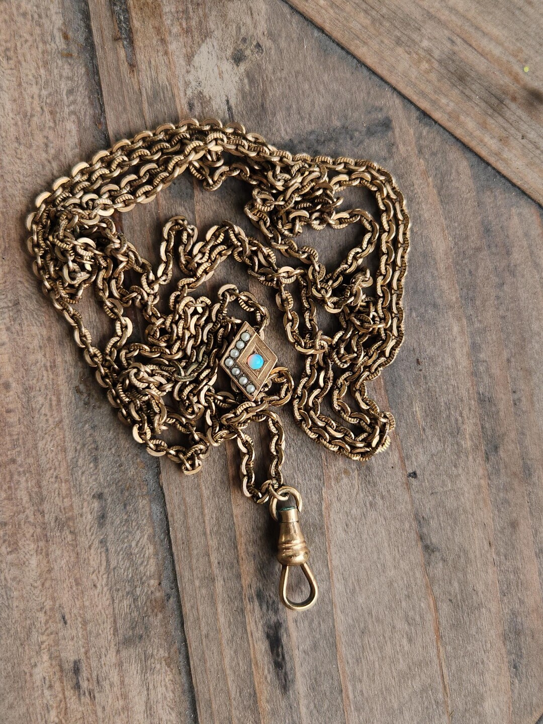 Antique Victorian Gold Filled Slide Chain With Opal and Pearls Diamond ...