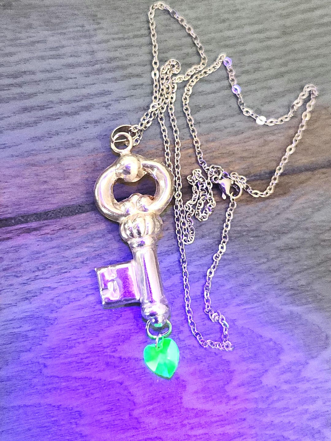 Silver Skeleton Key Pendant With Uranium Glass Heart Necklace Valentine ...
