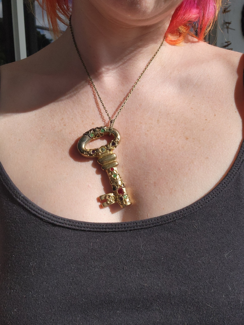 Vintage Uranium Skeleton Key Necklace Glowing Glass Rhinestone ...