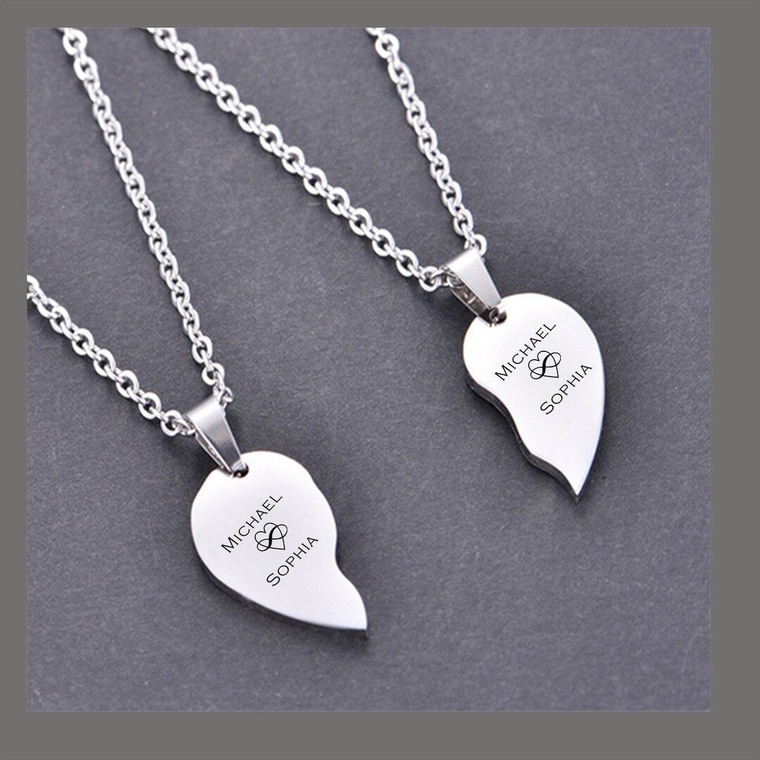Engraved Split Heart Necklace Set: Personalized Stainless Steel Couples ...