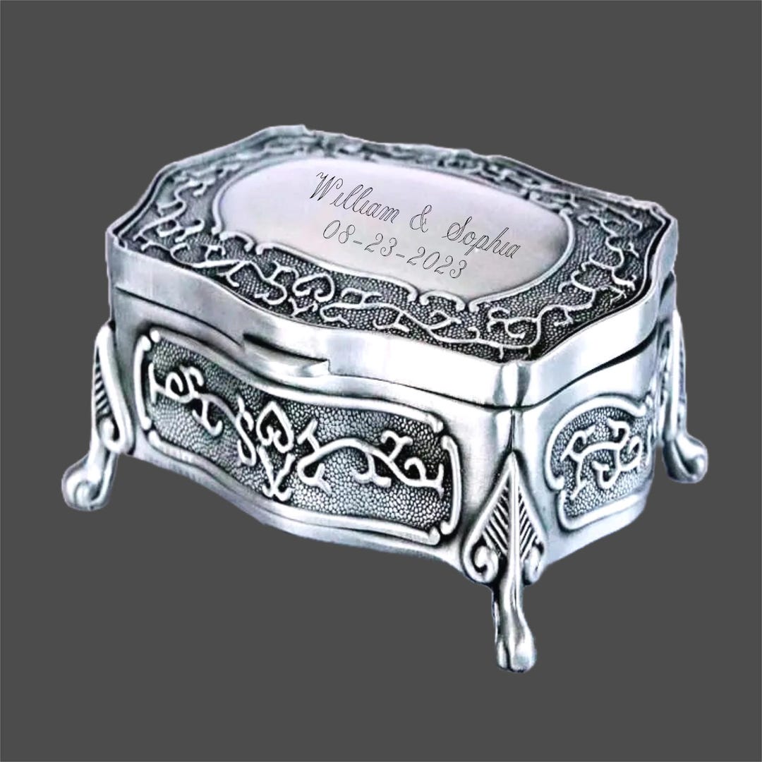Personalized Vintage Jewelry Box – Antique Silver Plated Trinket Box ...