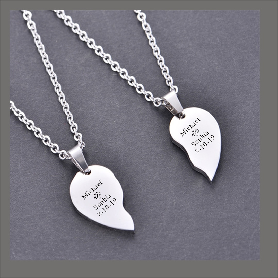 Engraved Stainless Steel Broken Heart Necklace Set - Personalized Split ...