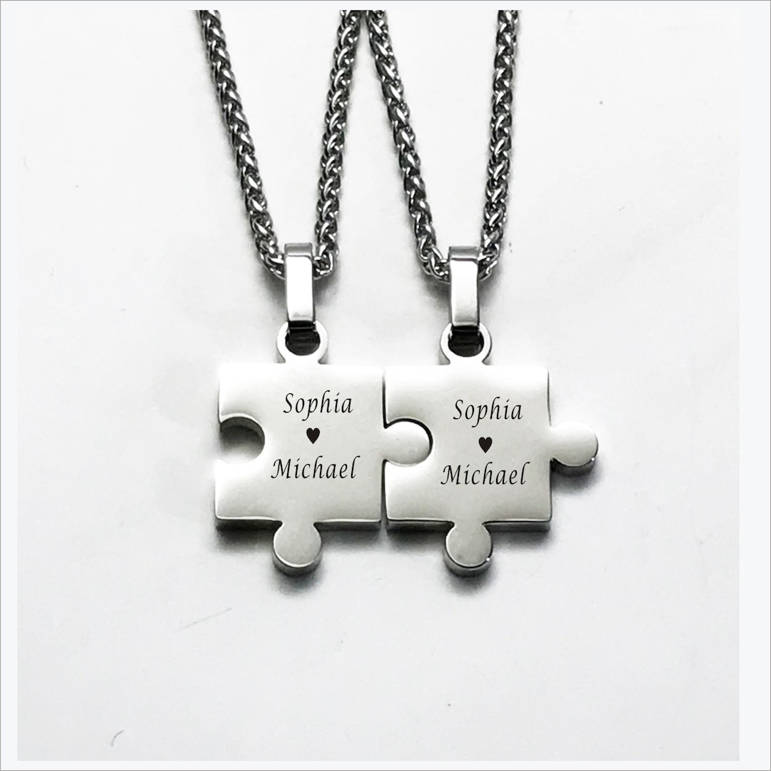 Engraved Stainless Steel Puzzle Necklace Set - Personalized Couples ...