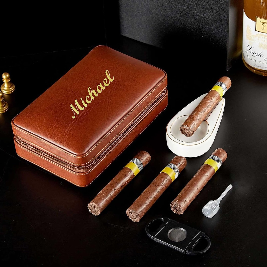 Personalized CIGAR HUMIDOR CASE Travel Set Holder, Custom Engraved ...