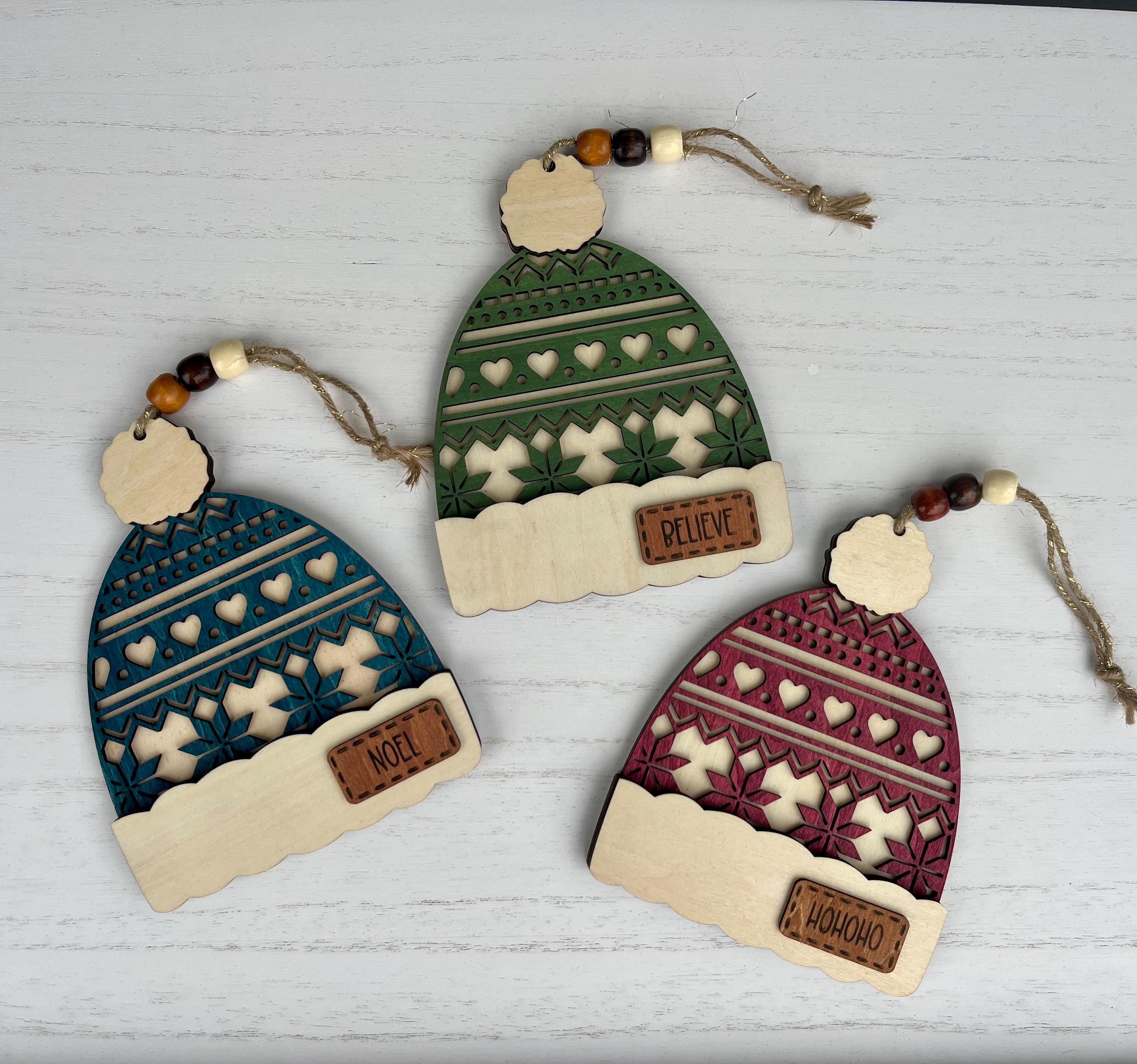 Winter Hat Gift Card Holder Ornament – Wooden Wool Hat With 3D Pompom ...