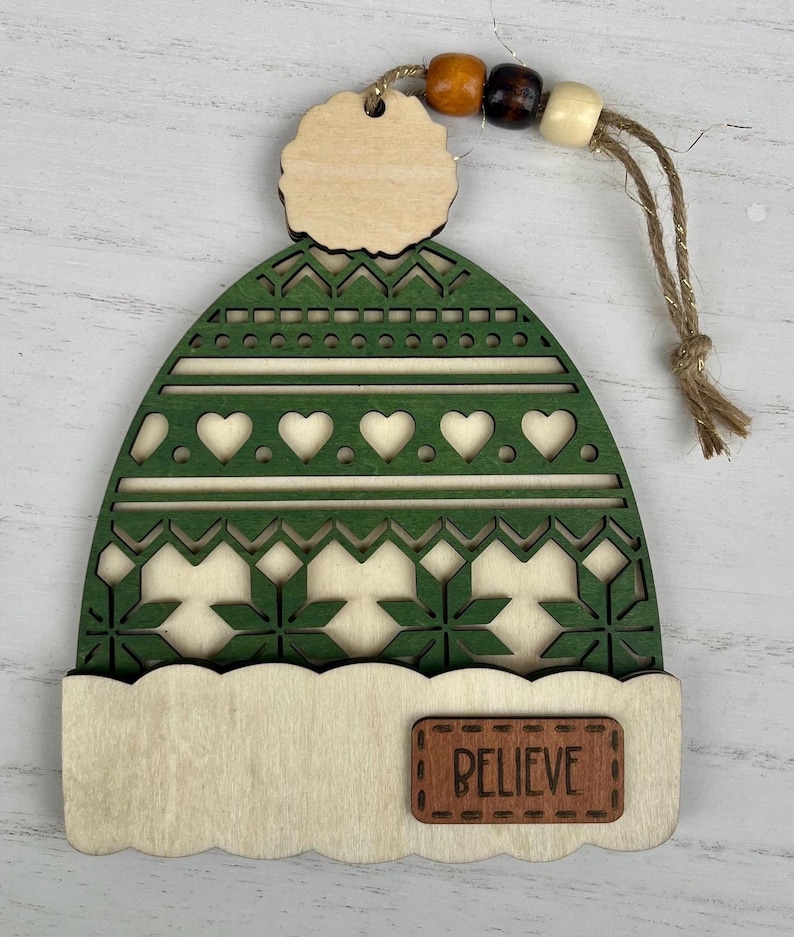 Winter Hat Gift Card Holder Ornament – Wooden Wool Hat With 3D Pompom ...