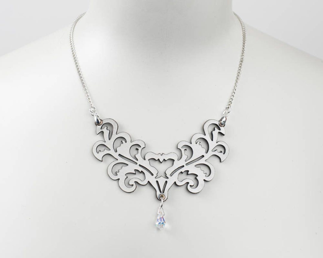 Laser Cut Leather Necklace With Crystal Bead Cut Out Bib Necklace ...