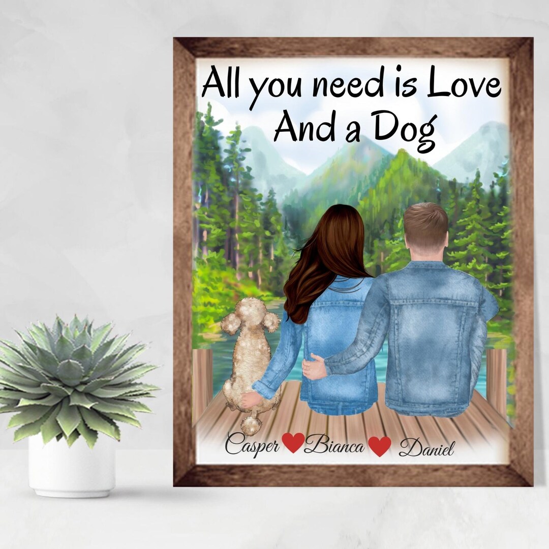 Custom Couple Print With Dog - Personalized Family Portrait - Pet Owner ...