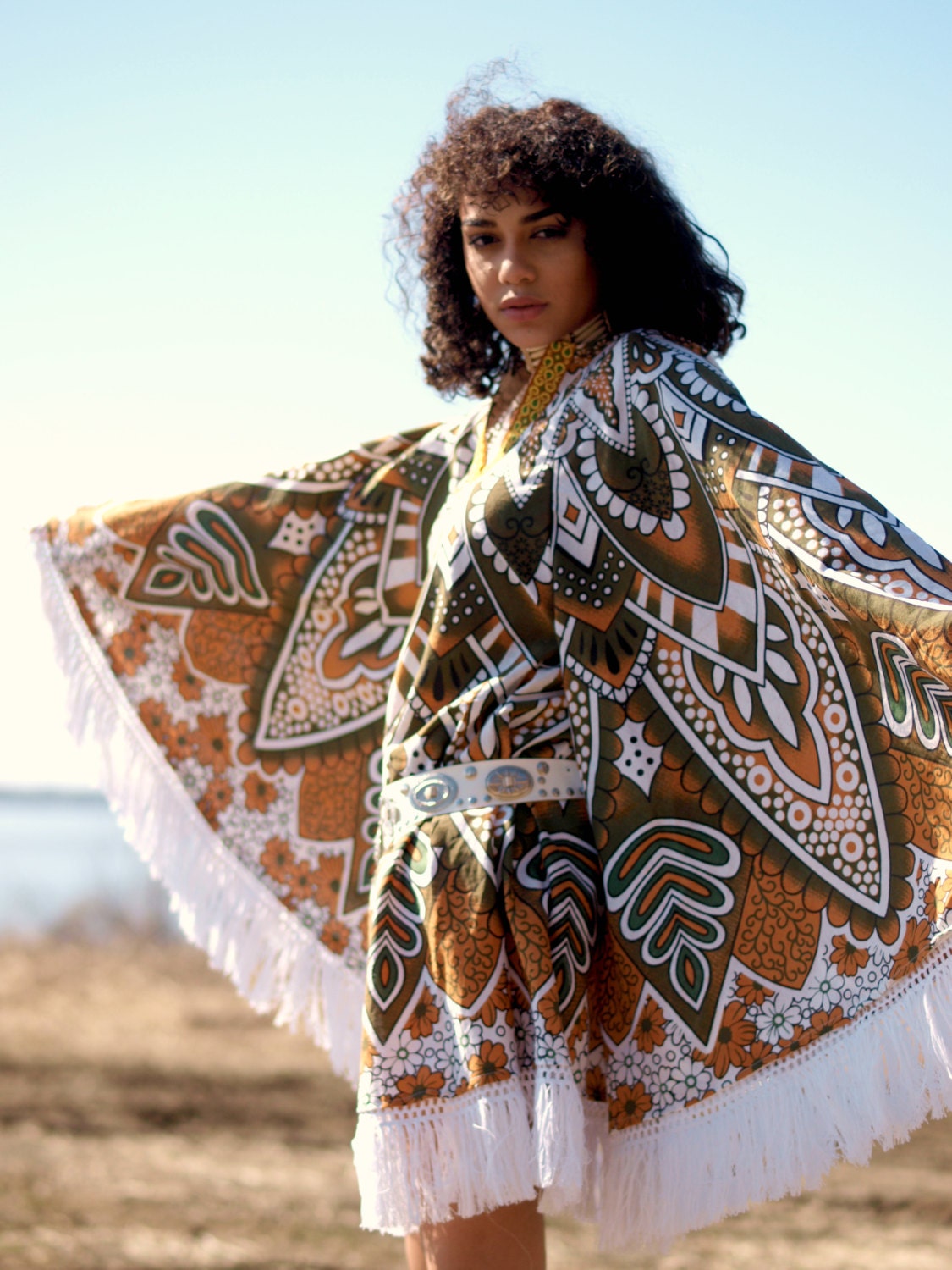 Bohemian Mandala Angel Wing Sleeve Mini Dress Crochet FRINGE Festival ...