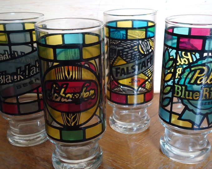 Vintage Stained Glass Look Beer Glasses Schaefer,pbr,black Label and ...
