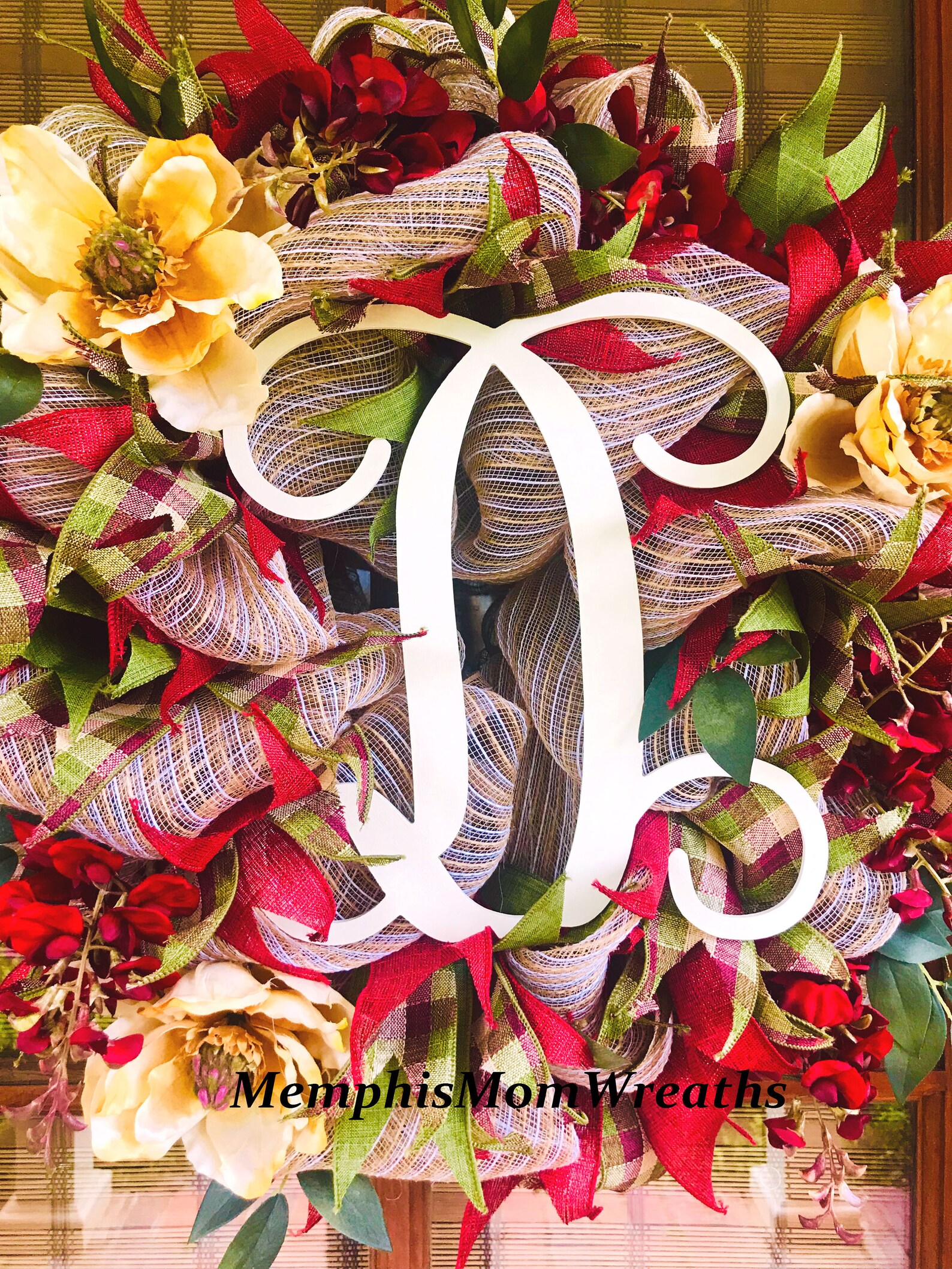 Burlap and Magnolia Monogram Deco Mesh Wreath Everyday Front - Etsy