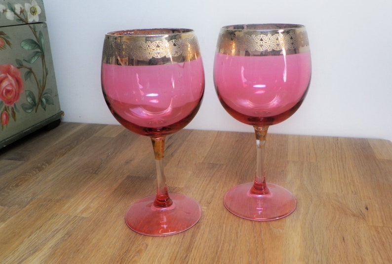 On Sale Vintage Gold Rimmed Rose Colored Wine Glasses Etsy