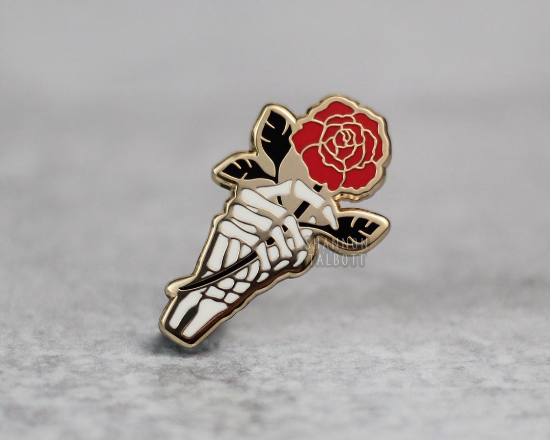 Skeleton Hand Enamel Pin, Rose Flower Enamel Pin, Halloween Pin, Spooky ...