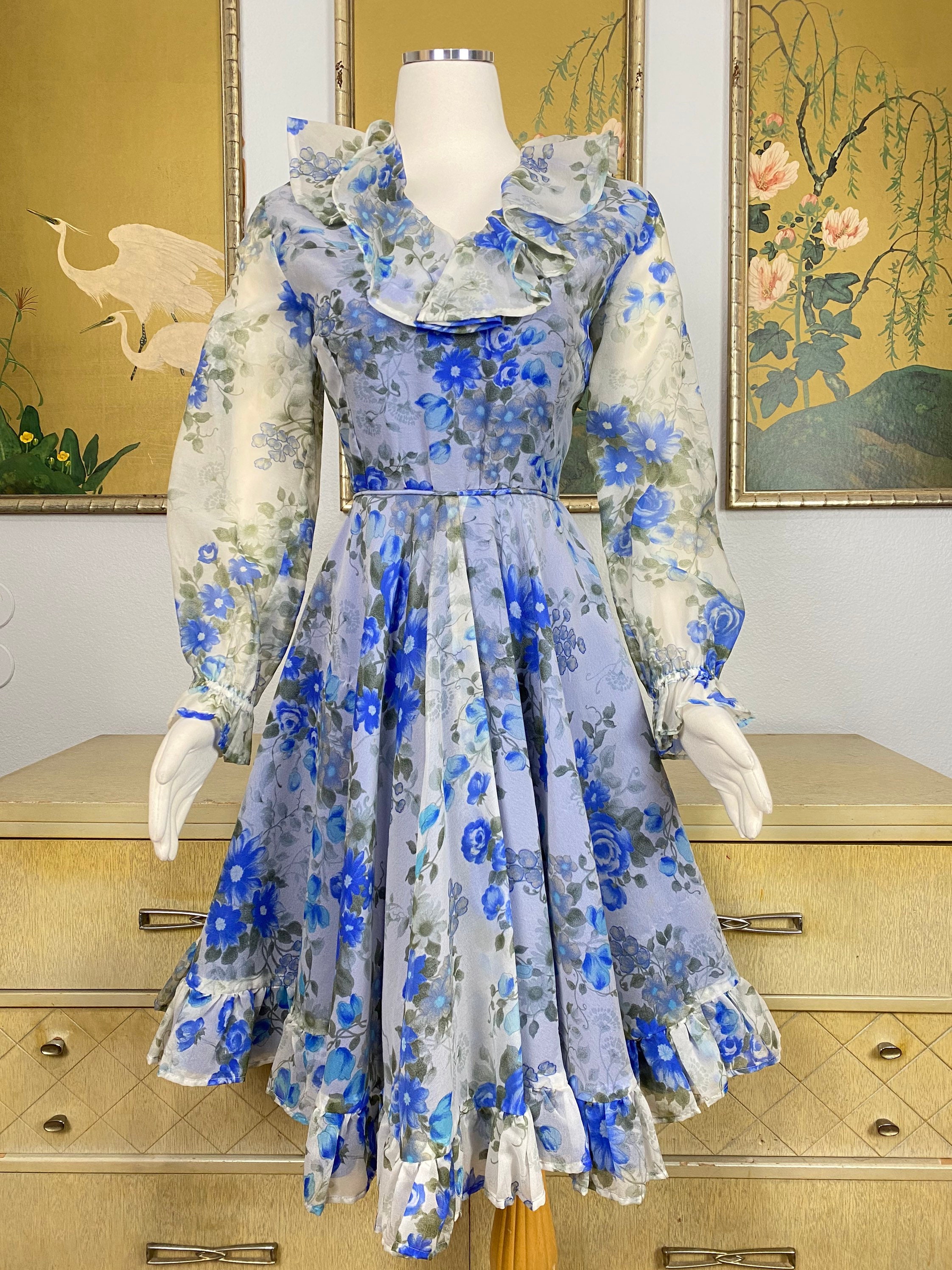 1970s Vintage Blue Floral Dress -- Ruffled Details and Sheer, Delicate ...