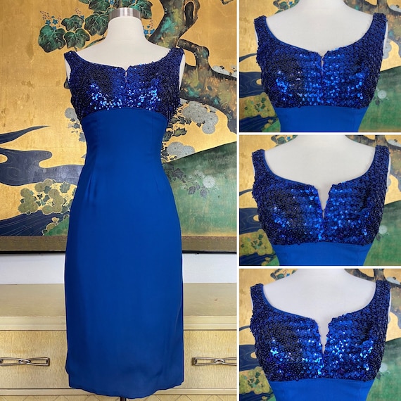 1960s Vintage Cobalt Blue Sequined Cocktail Dress -- … - Gem