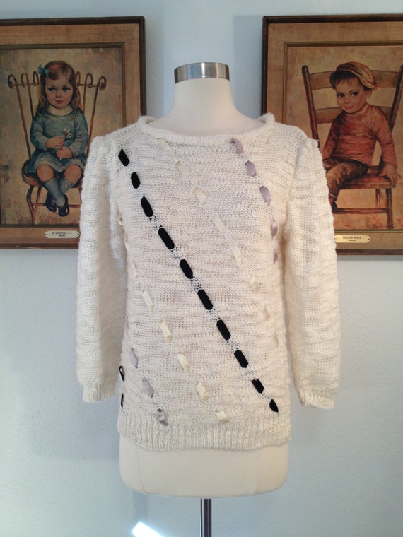 1980s Sweater with Cute Ribbon Details--Black, Silver… - Gem