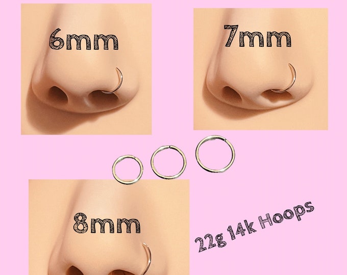 22 Gauge 14k 6mm 7mm or 8mm Thin Hoop for Ear or Nose Piercings Rook Helix Snug Earlobe Daith ...