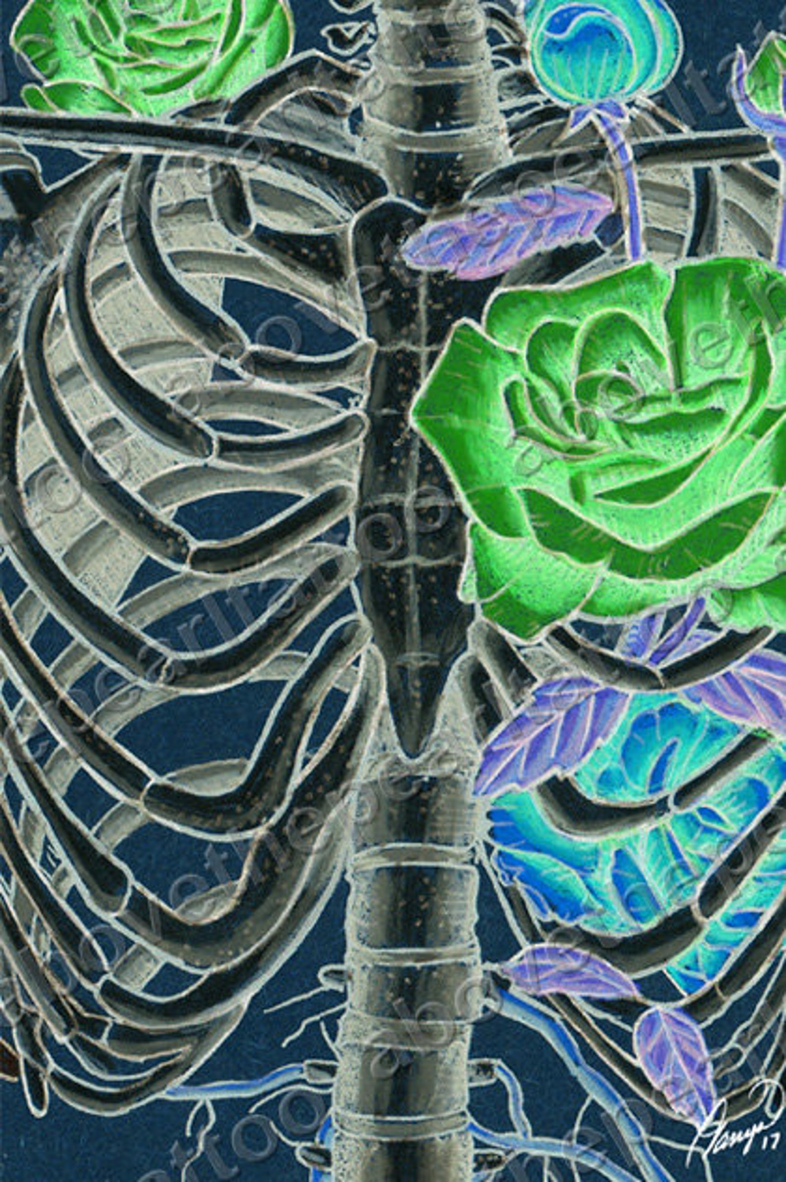 Skeleton Ribs Drawing "flowers in a Cage" by Tanya Magdalena - Etsy