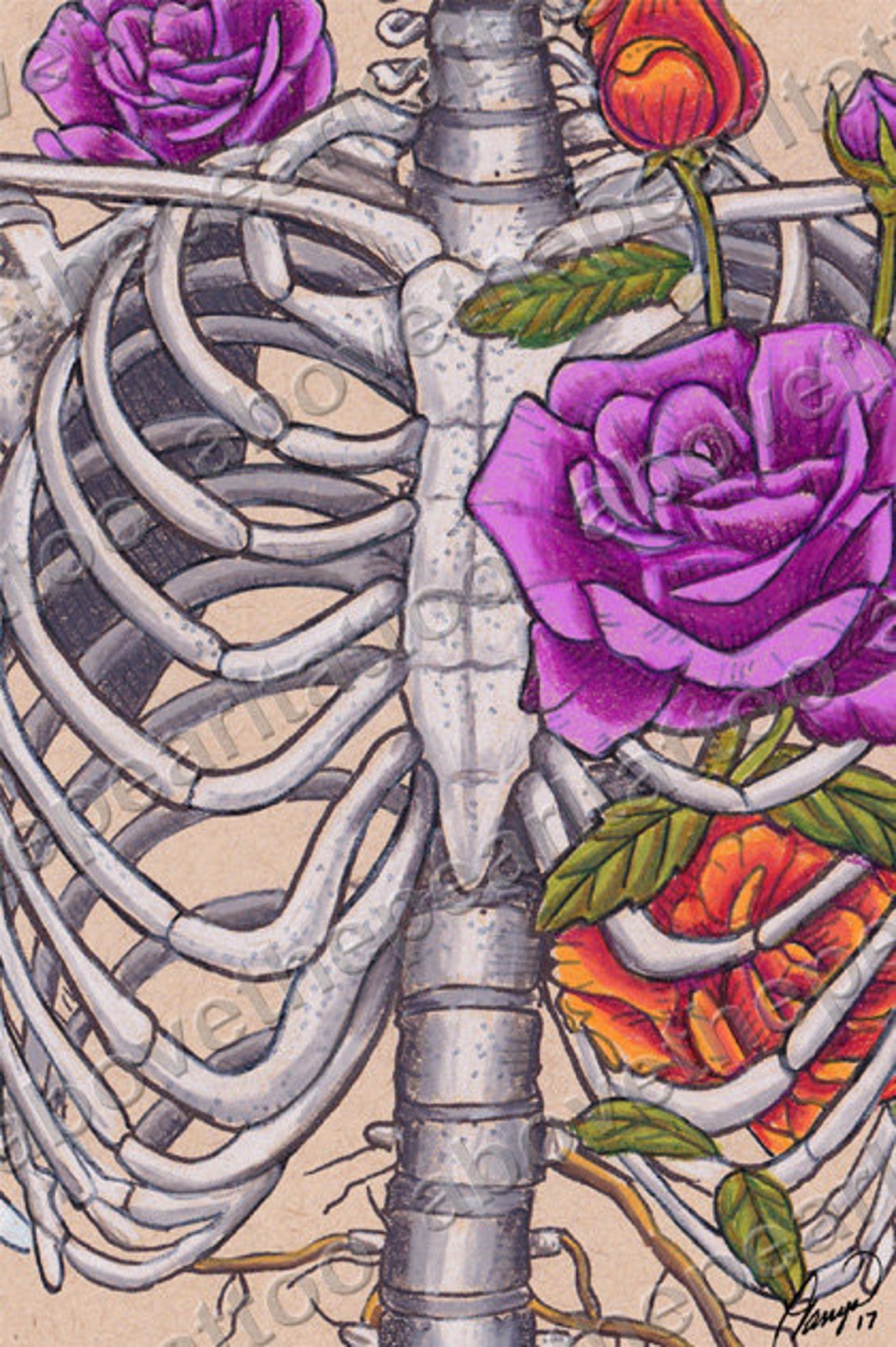 Skeleton Ribs Drawing flowers in a Cage by Tanya Magdalena - Etsy
