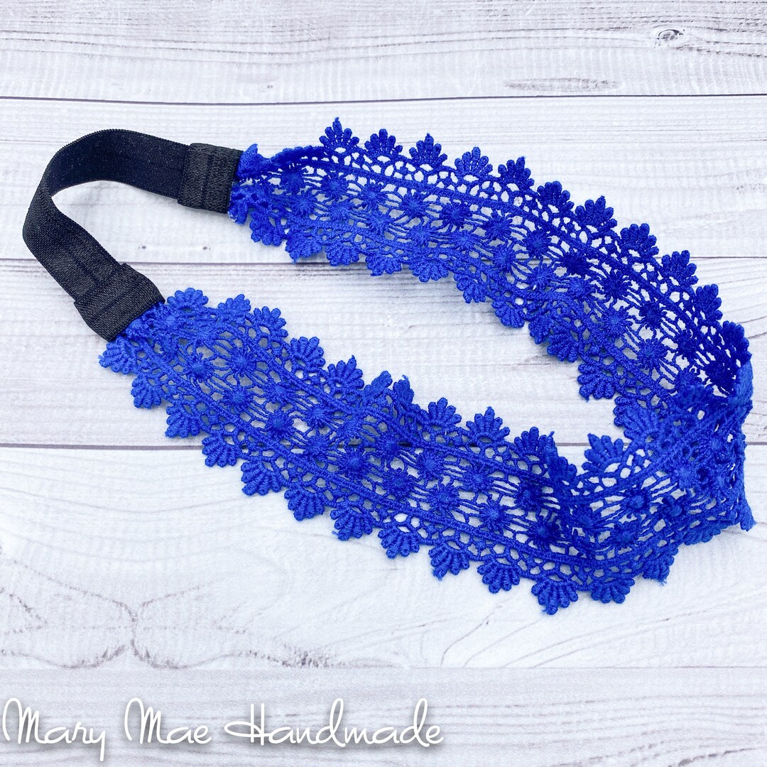Royal Blue Boho Scallop Edge Crocheted Lace Headband Head Wrap With ...