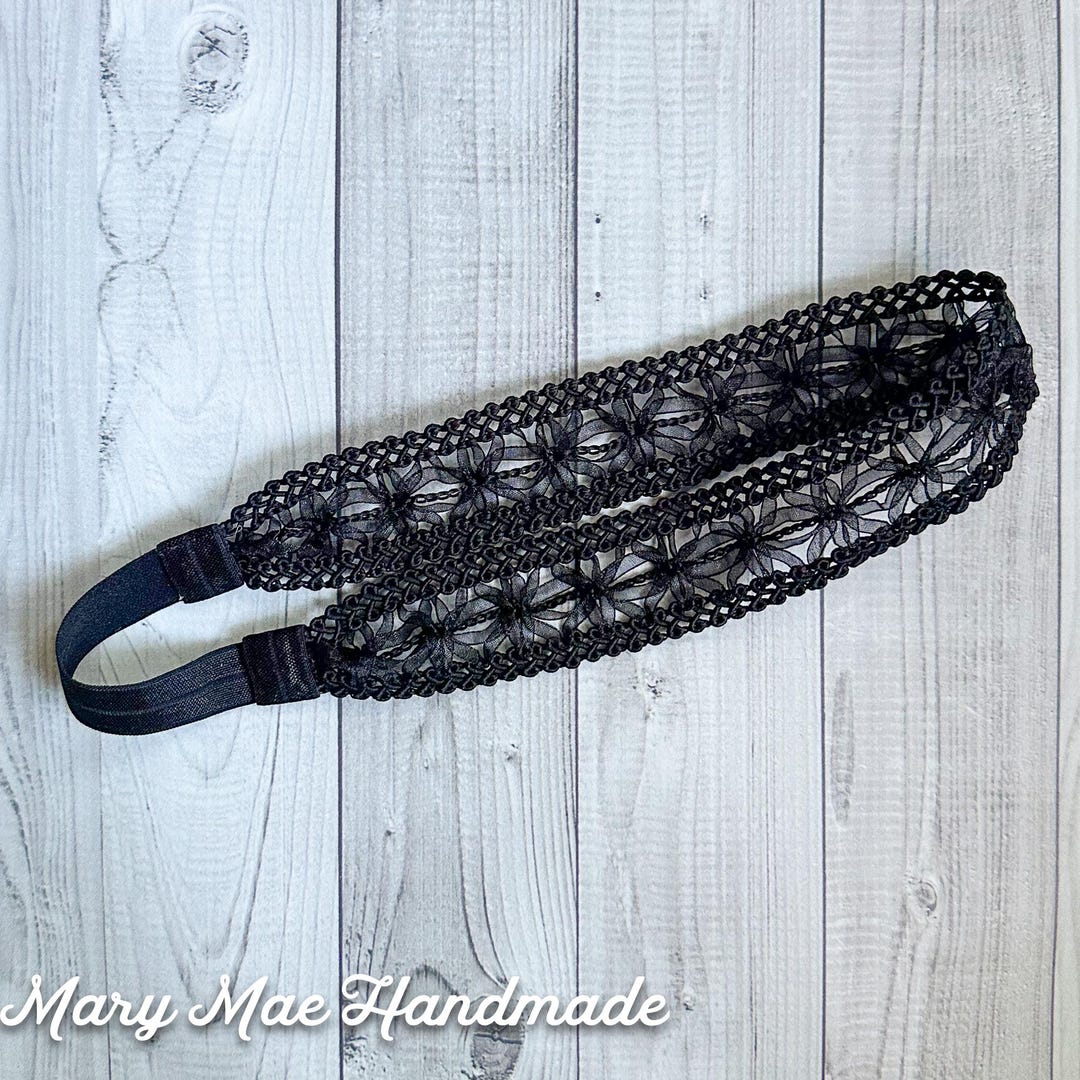 Black Crochet and Organza Laced Headband Head Wrap With Soft Stretch ...