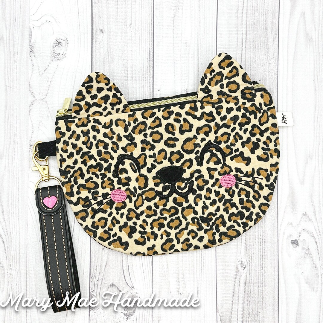 Girls Leopard Print Kitty Cat Purse Zip Top Bag With Wristlet Strap ...