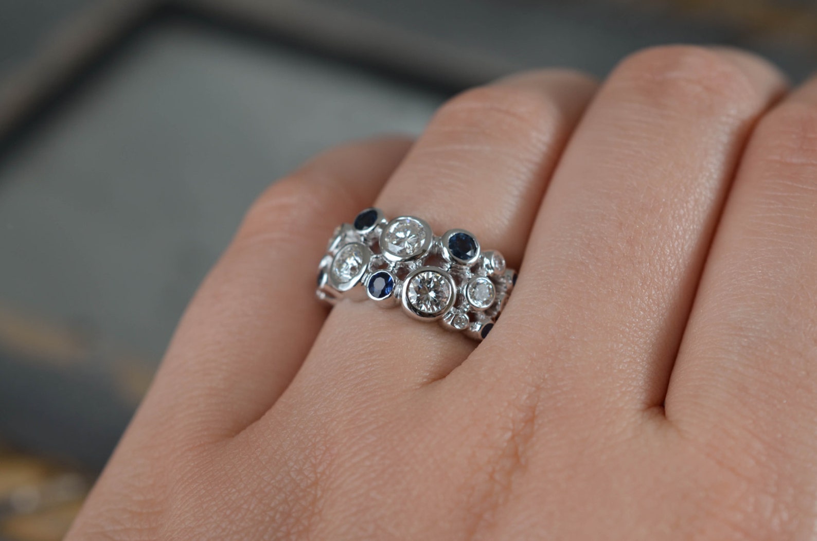 Bubbling Diamond & Sapphire Gold Lace or Coral Reef Ring (14K White ...