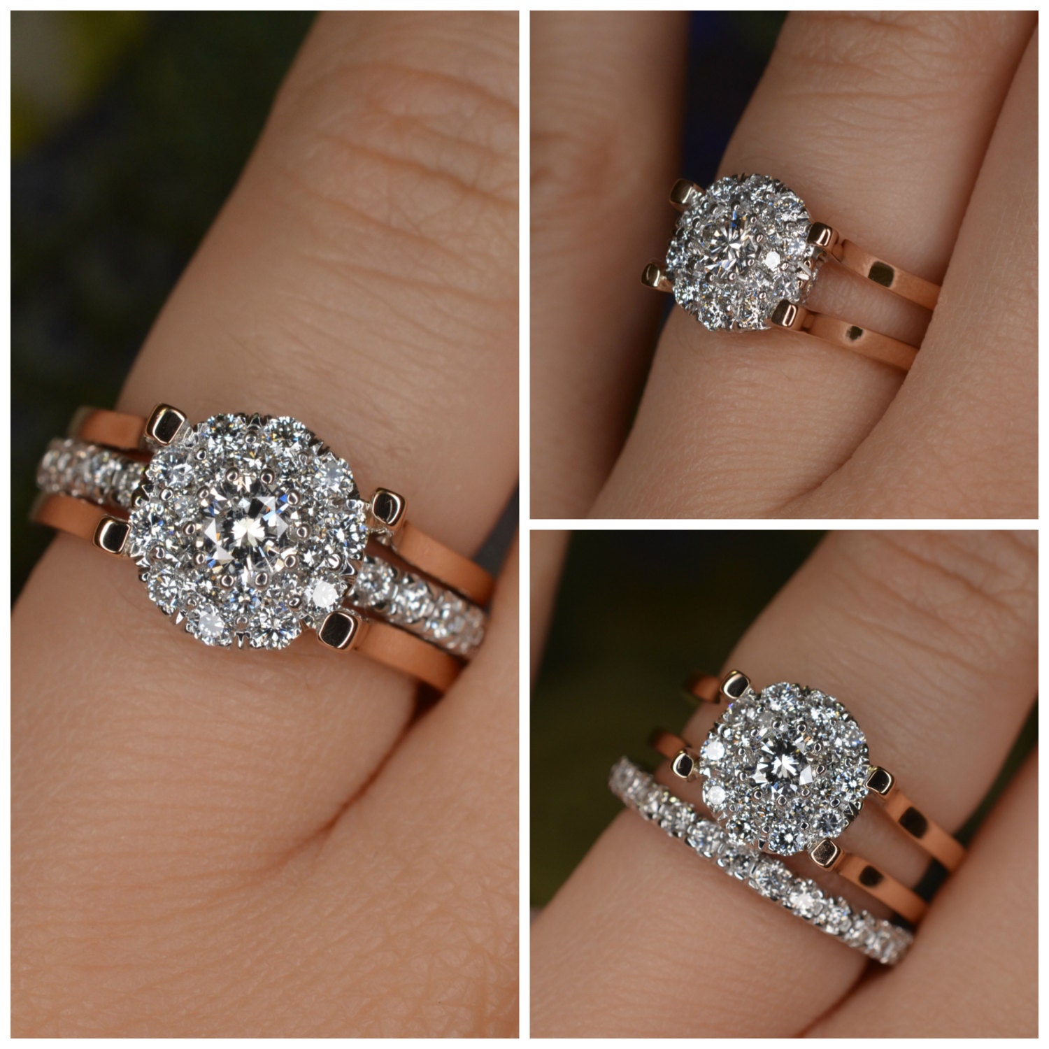Insert-style Diamond Engagement Ring and Eternity Band Set 18K Rose and ...
