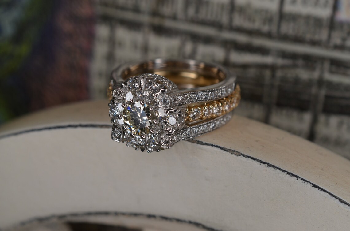 Insert-style Wedding Ring and Eternity Band Set 18K White and Yellow ...