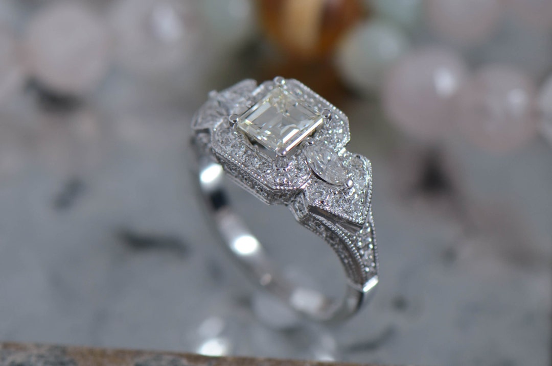 Art Deco-inspired Square Step Cut Diamond Ring (14K White Gold) - Etsy