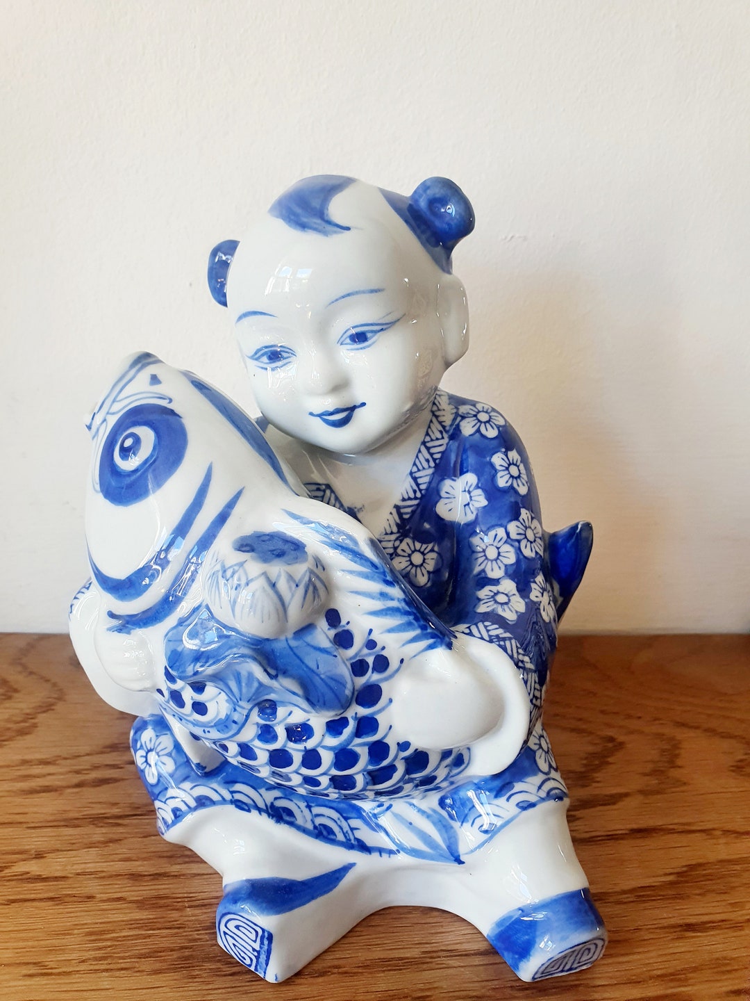 Asian Sculpture Figurine Boy Hugging a Large Fish Japanse Art Object ...
