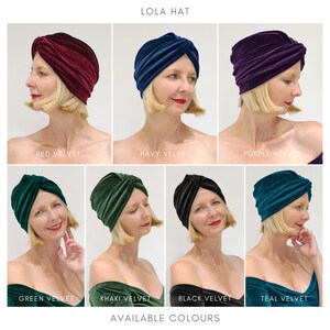 LOLA | Luxury Red Velvet Lined Turban Cap. Twist Front Pleated Velvet ...