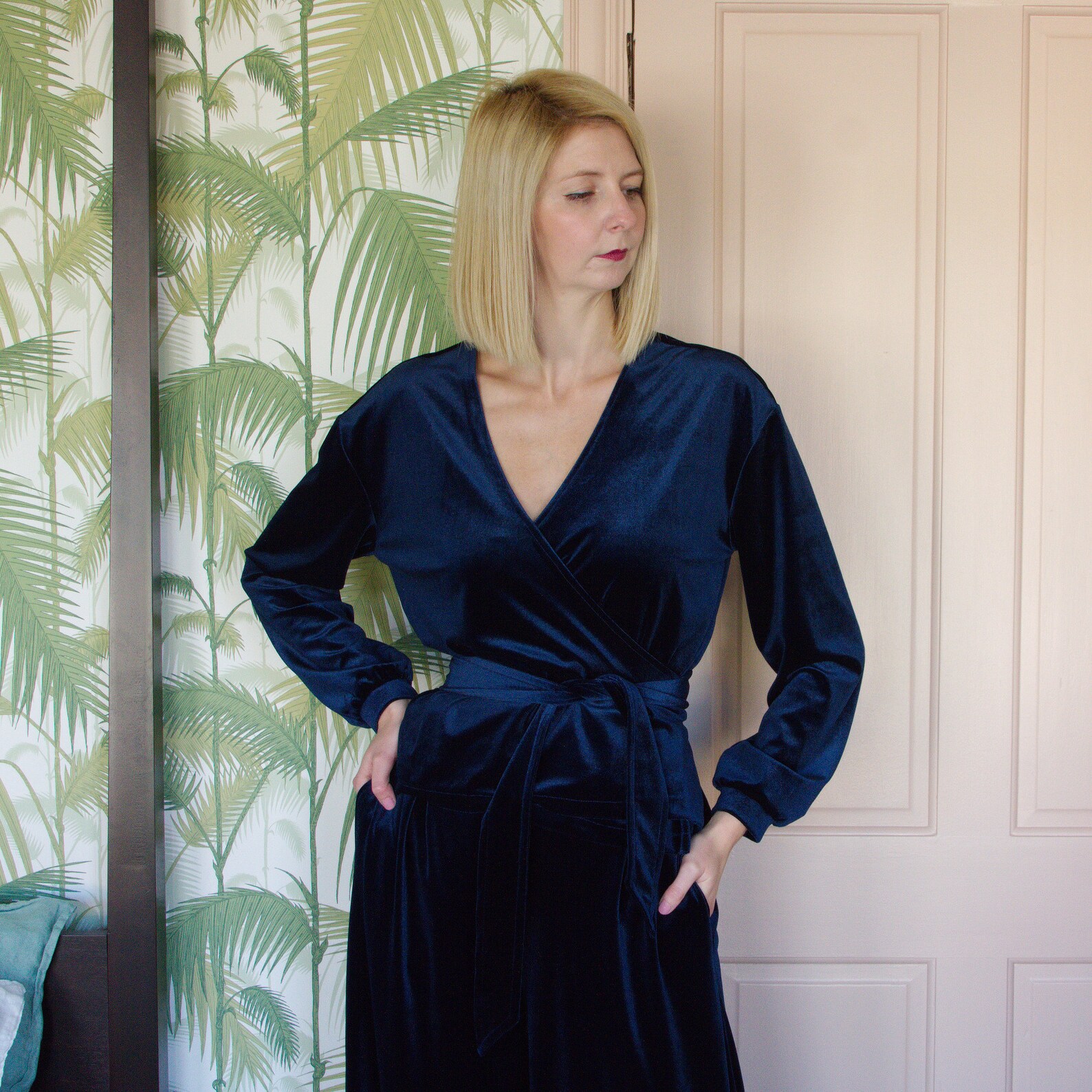 MYRNA Long Sleeve Wrap Top in Navy Blue Velvet. Elegant | Etsy