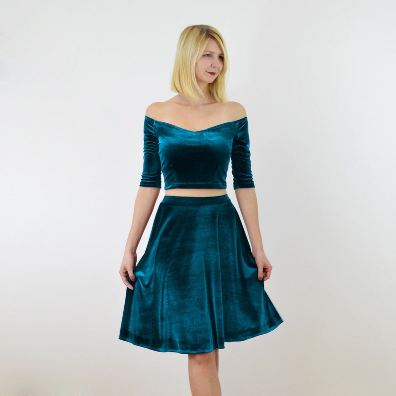 VELVET CROP TOP | Stretch Velvet off the Shoulder Top in Teal Blue ...