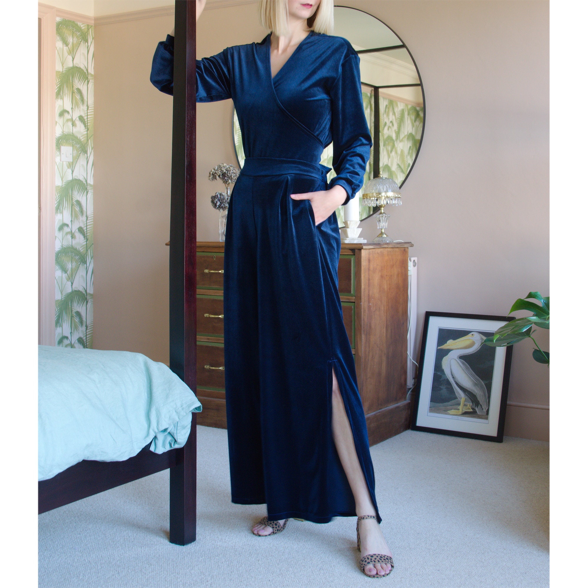 MYRNA Long Sleeve Wrap Top in Navy Blue Velvet. Elegant - Etsy UK