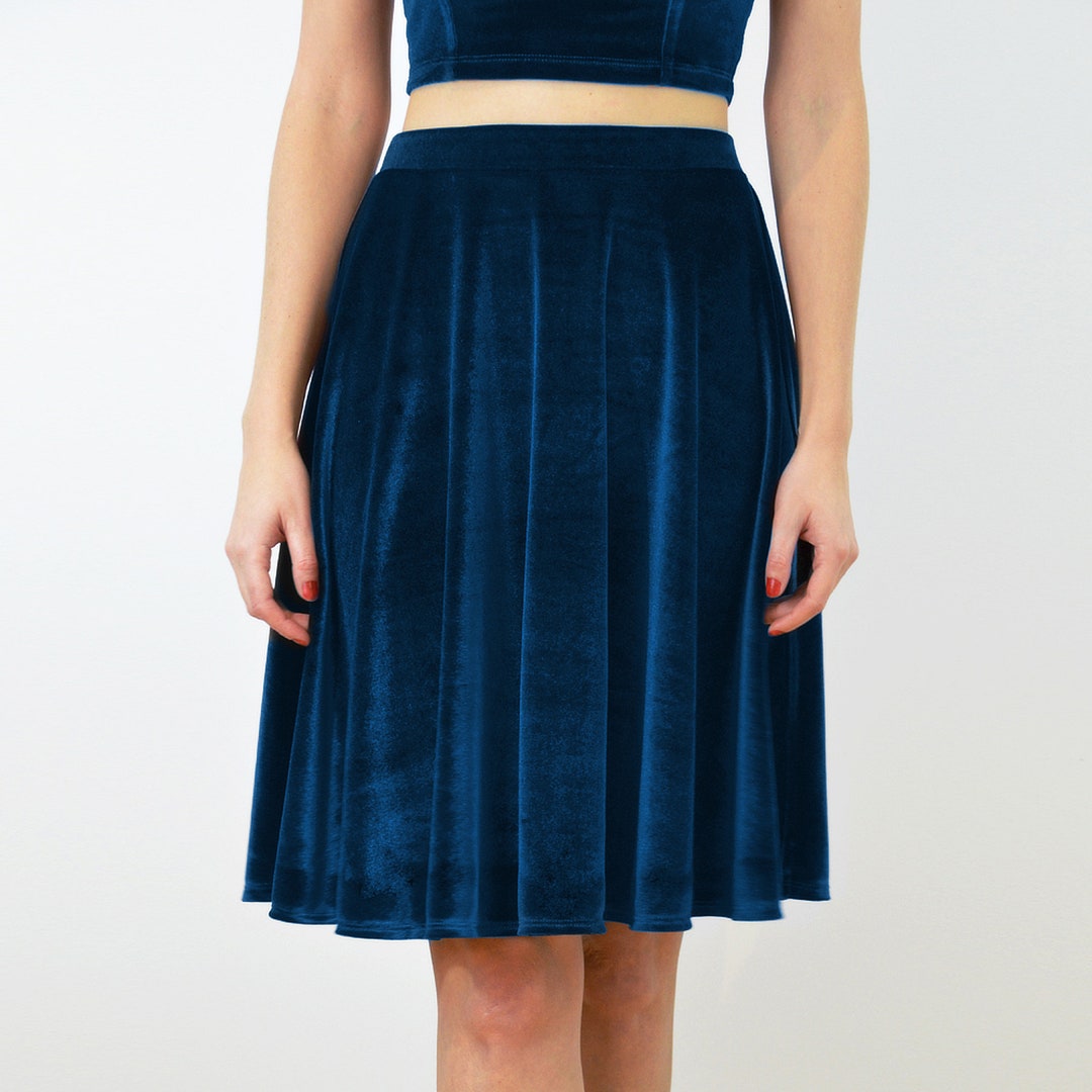 VELVET SKATER SKIRT | High Waist Navy Velvet Skirt. Blue Velour Circle ...