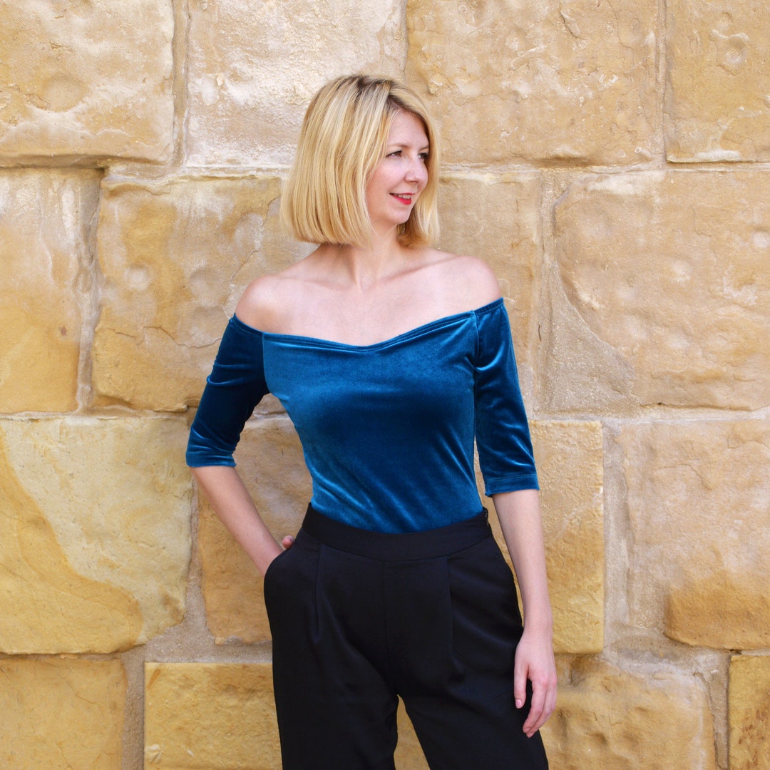 VELVET PARTY TOP off Shoulder Top in Teal Blue Velvet. Velvet Going Out ...