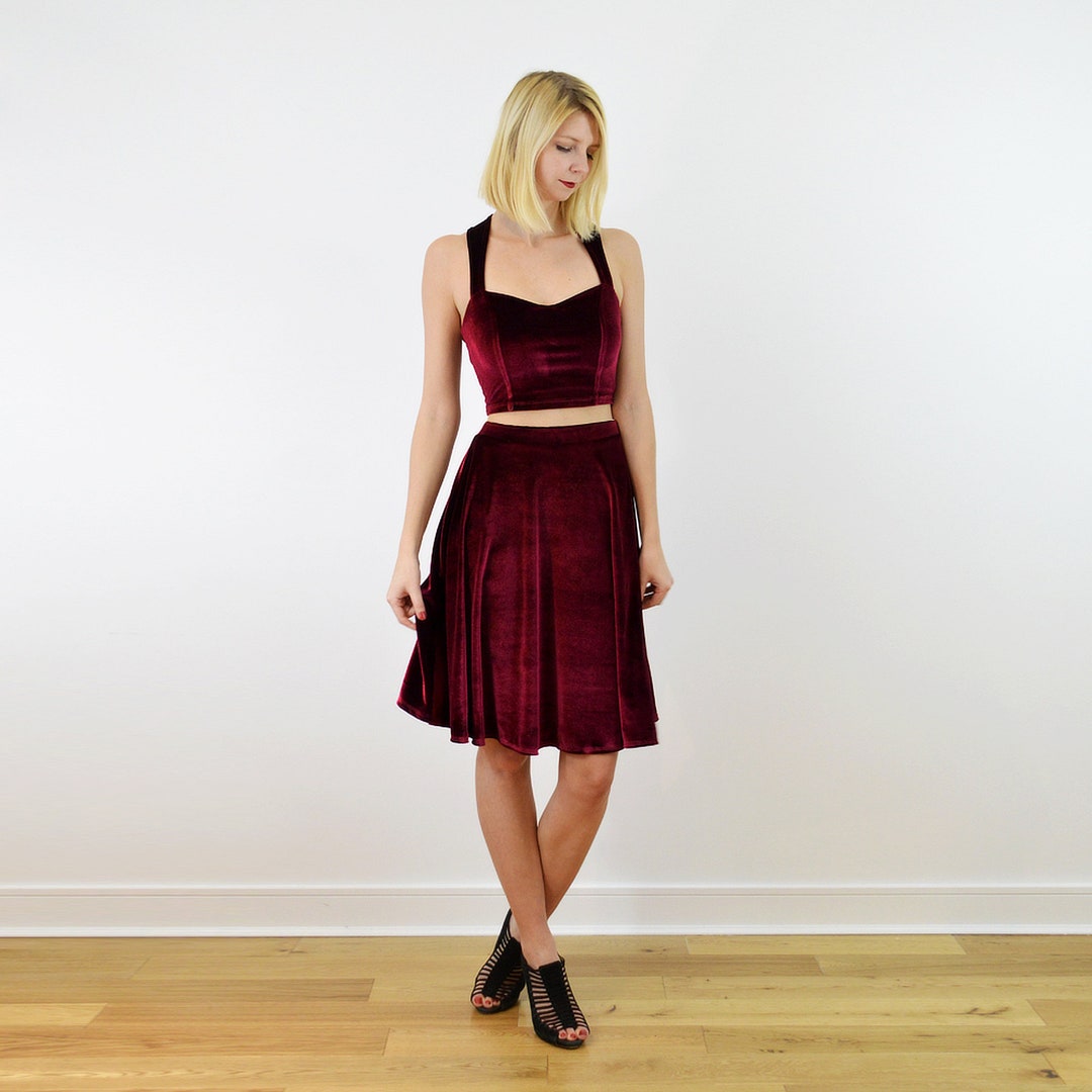 GRACE | Two Piece Red Velvet Crop Top and Skater Skirt Set. Vintage ...