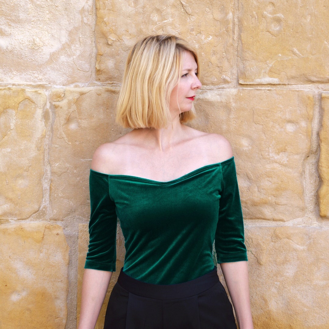 VELVET PARTY TOP Womens Velvet off Shoulder Long Line Top in Forest ...