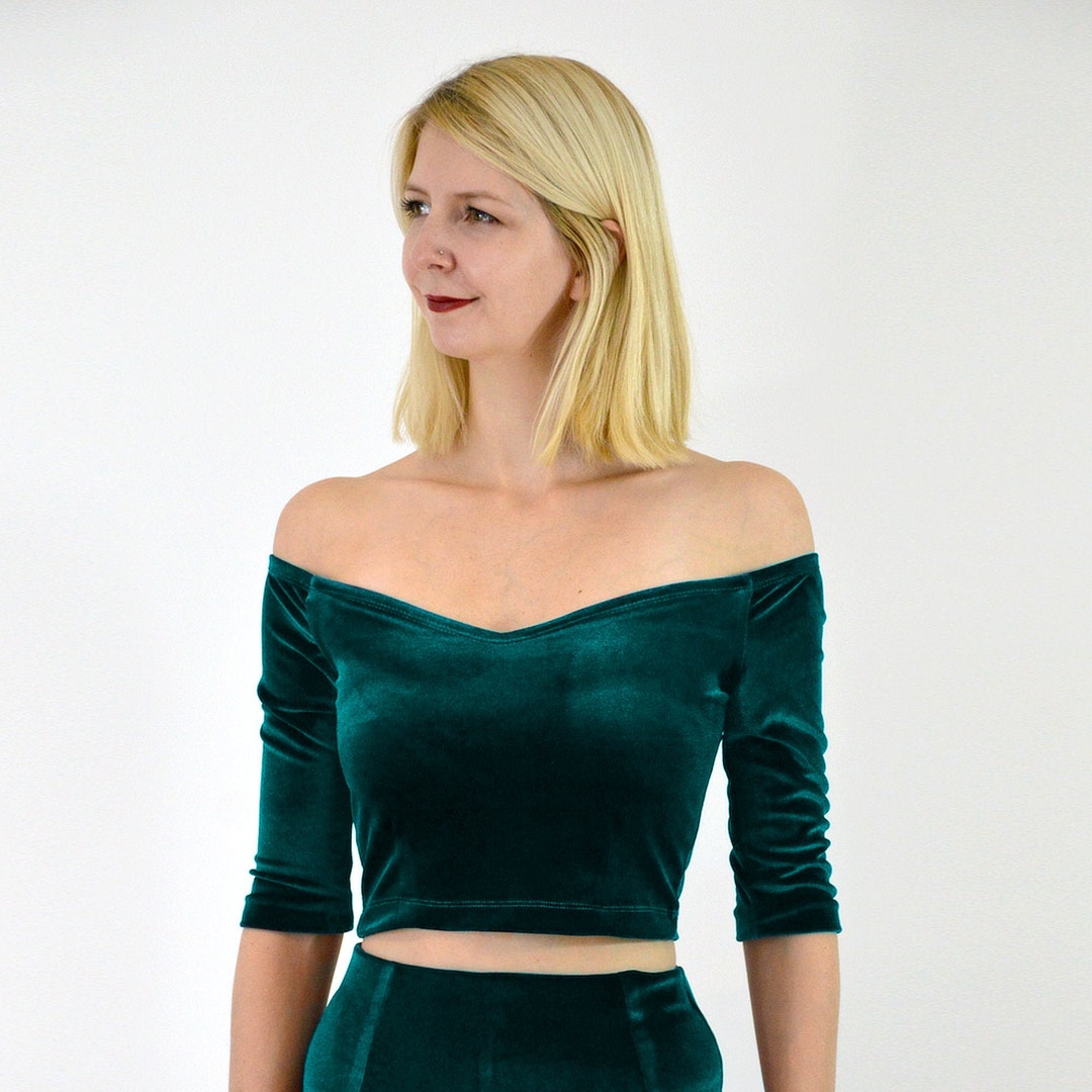 VELVET CROP TOP | Green Velvet Crop Top. Velvet off the Shoulder Top ...