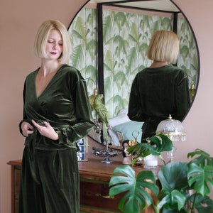 MYRNA | Long Sleeve Velvet Top in Khaki Green Velvet. Vintage Style ...
