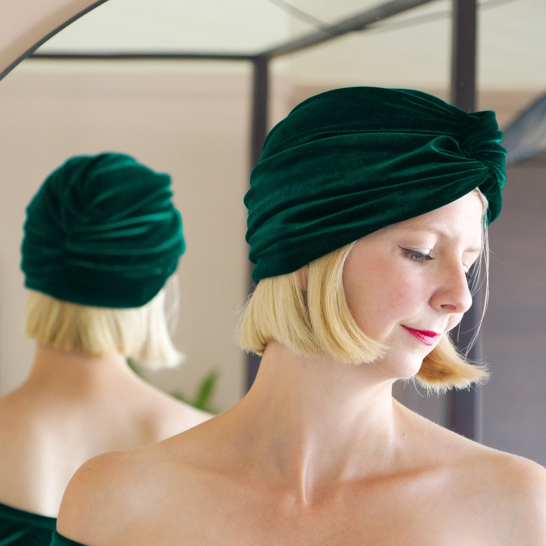 LOLA | Womens Dark Green Velvet Pleated Turban Hat. Vintage Style Pin ...
