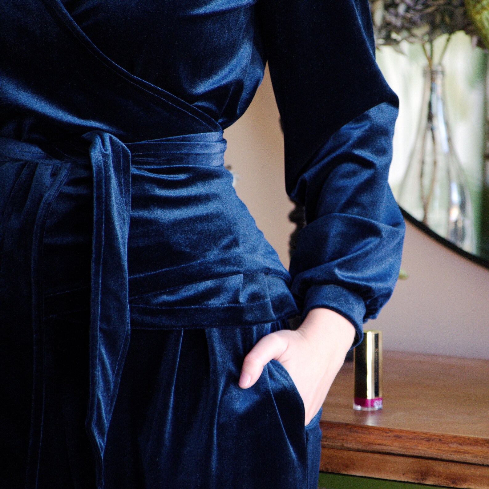 MYRNA Long Sleeve Wrap Top in Navy Blue Velvet. Elegant - Etsy UK